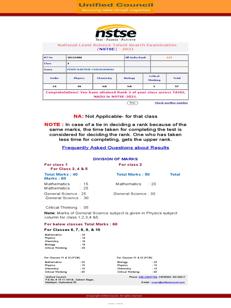 Unified Council Results NSTSE Results | PDF | Science | Observation
