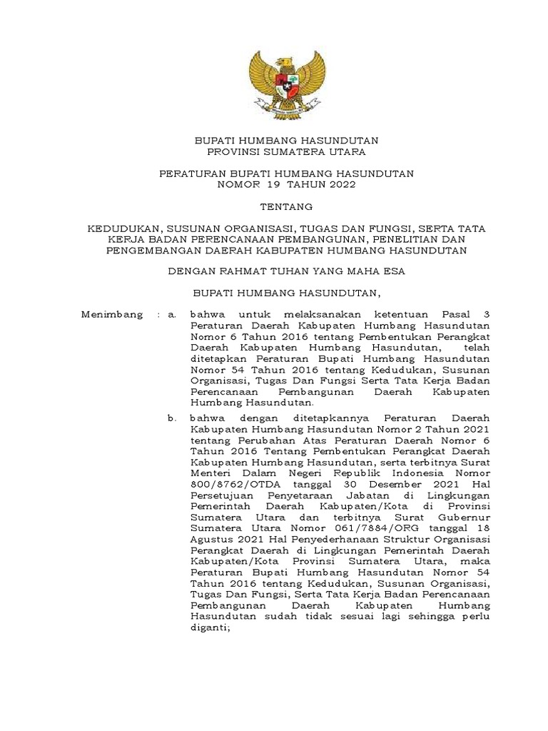 Perbup 2022 No 19 SOTK Bappelitbangda | PDF