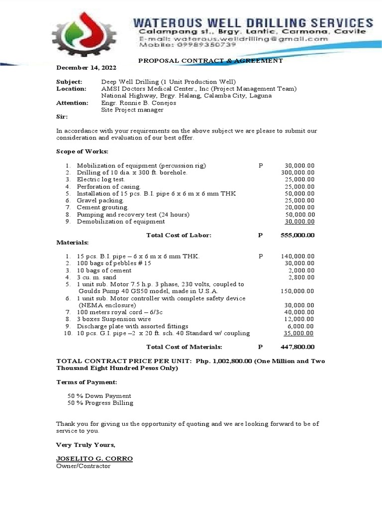 Deep Well Drilling Proposal and Costs | PDF | Manufactured Goods
