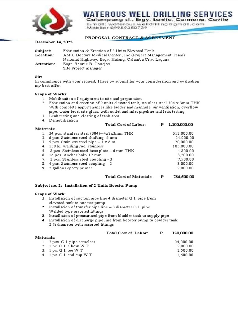Overhead Water Tank Revised Proposal | PDF | Pipe (Fluid Conveyance) | Pump