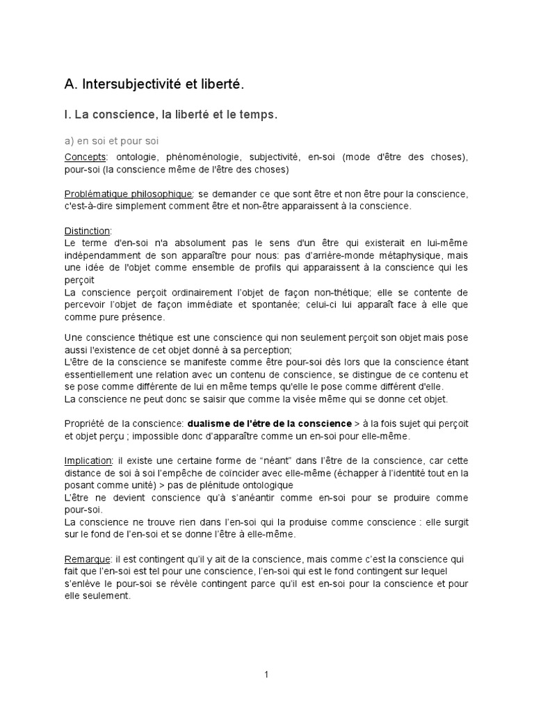 1) Sartre - Résumé - Cours 1ère Partie | PDF | Conscience | Existentialisme