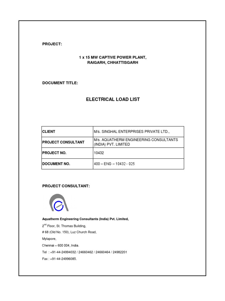 Electrical Load List - Rev. 00 - Copy | PDF | Power Station | Mechanical Engineering
