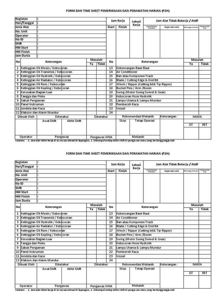 Formulir Pemeliharaan Alat Harian P2H | PDF