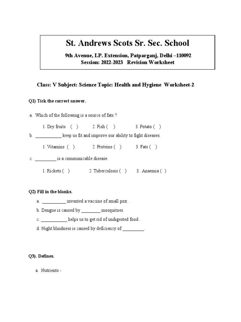Science - Health and Hygiene WS-2 | PDF