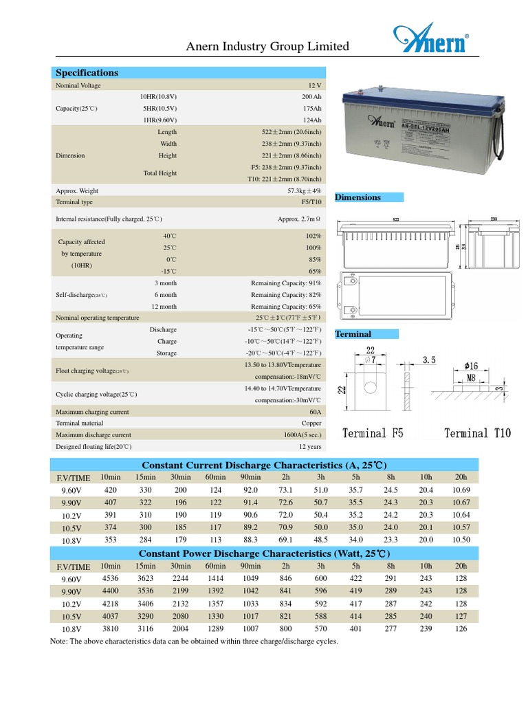 12V200AH GEL Battery Specs | PDF | Electricity | Electrical Engineering