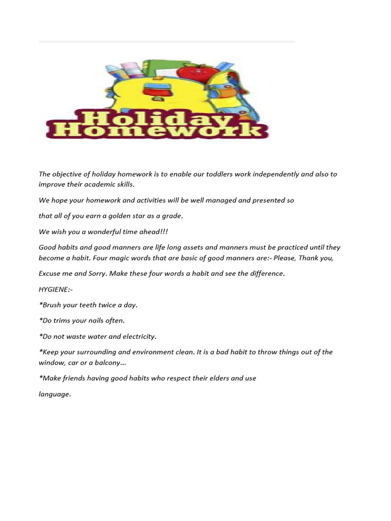 Class 1 Holiday Homework Assignments | PDF