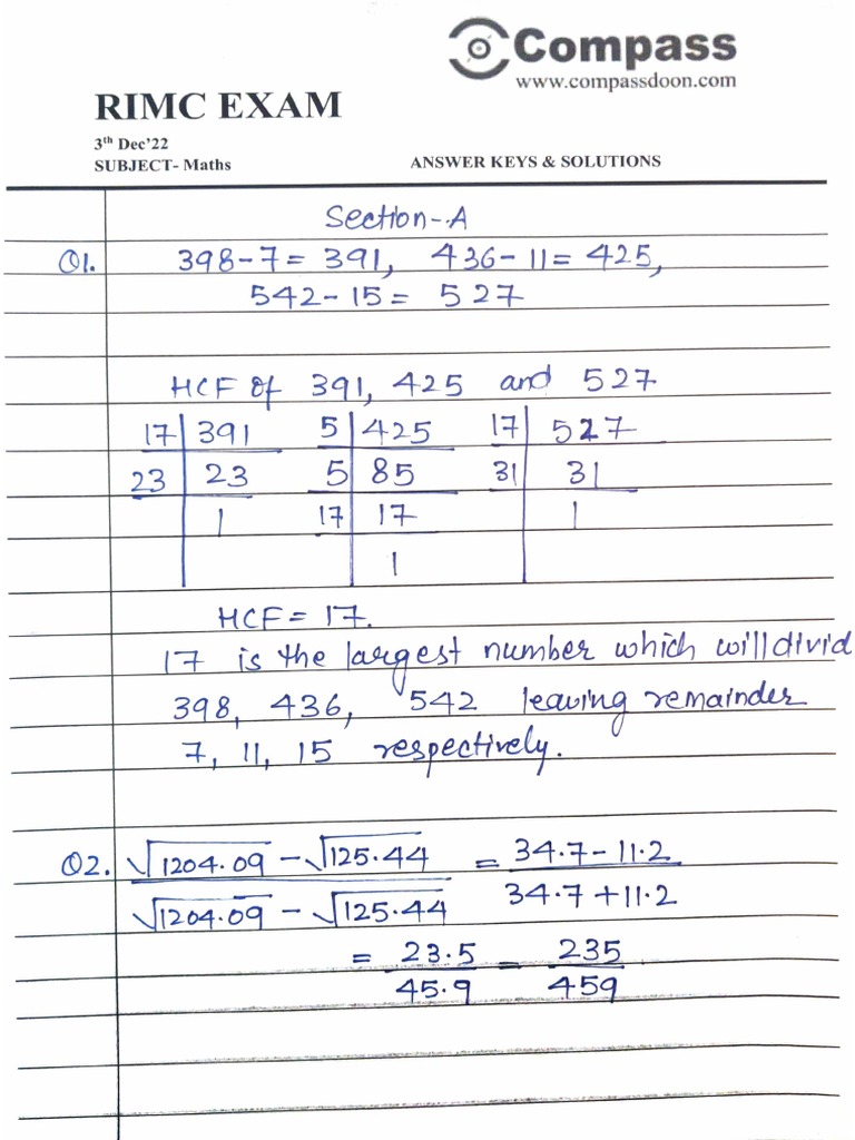 Rimc Maths Dec 2022 Solution | PDF