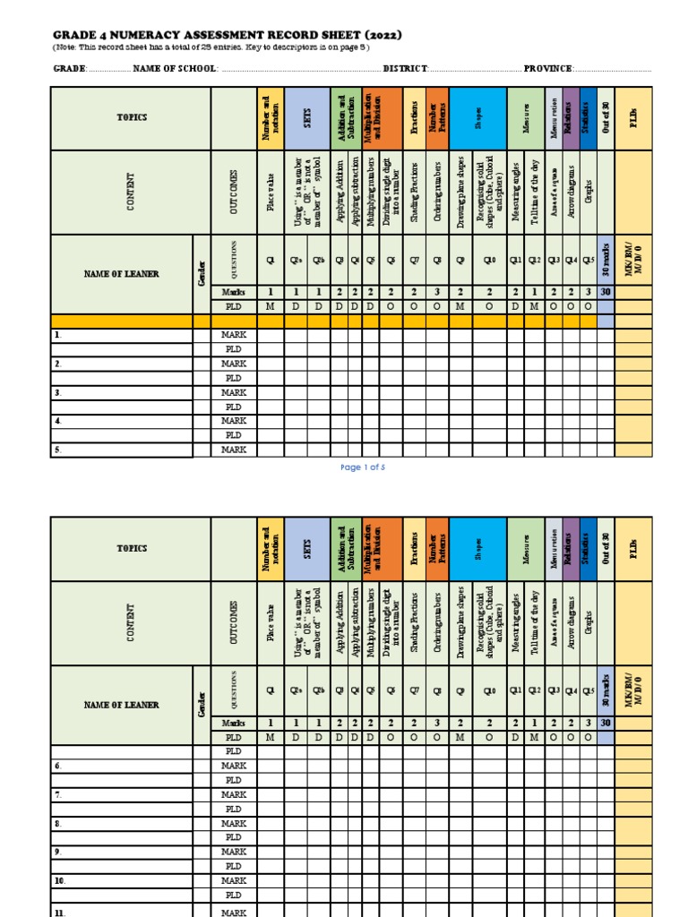 Grade 4 NUMERACY ASSESSMENT RECORD SHEET | PDF | Multiplication ...