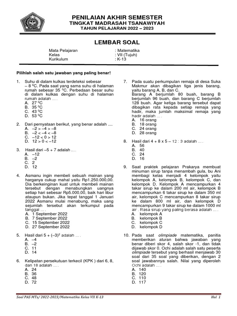 Soal Pas Matematika Kelas 7 K-13 Tapel 2022-2023 | PDF
