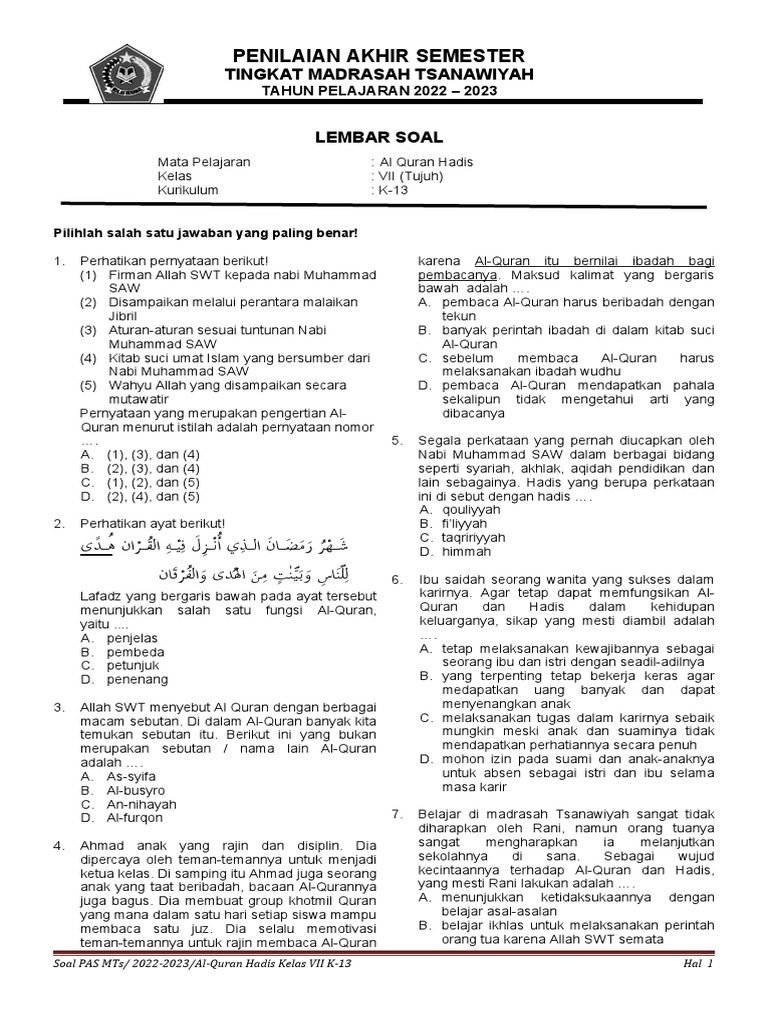 Soal PAS Al-Quran Hadis Kelas VII | PDF