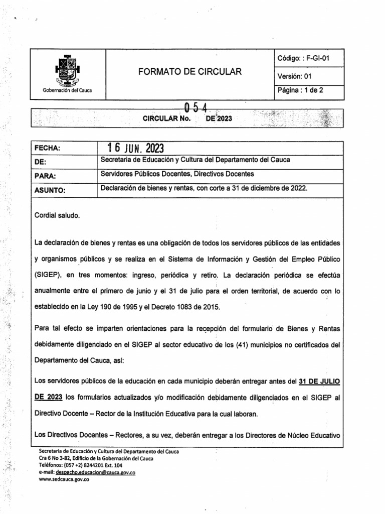 CIRCULAR No. 054 DE 2023 | PDF