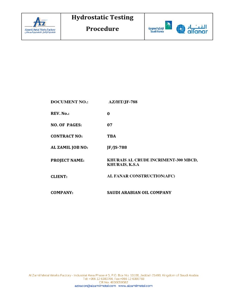 Hydrostatic Testing Procedure for Tanks | PDF | Water | Civil Engineering
