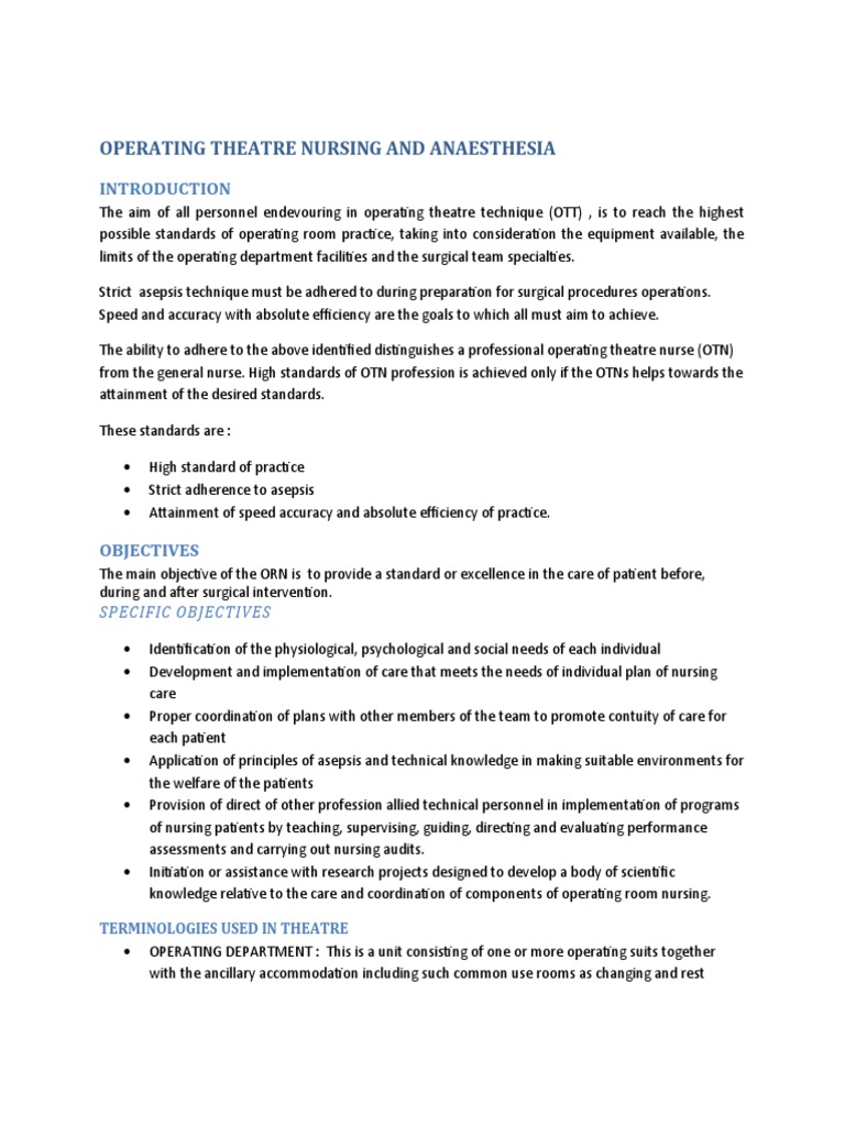 Objectives of Operating Theatre Nursing | PDF | Surgery | Surgical Suture