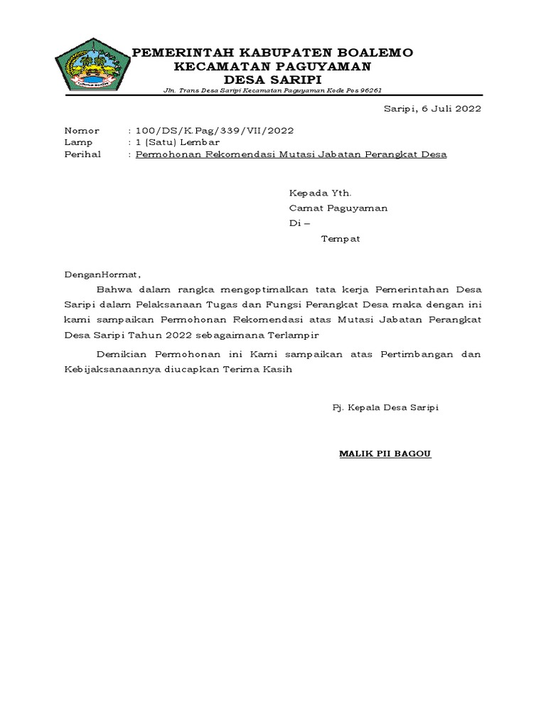 Permohonan Rekomendasi Mutasi Jabatan Perangkat Desa - 100954 | PDF Permohonan Rekomendasi Mutasi Jabatan Perangkat Desa - 100954 | PDF
