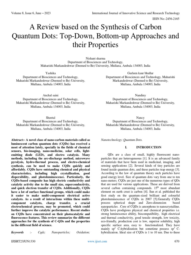 A Review Based On The Synthesis of Carbon Quantum Dots: Top-Down, Bottom-Up Approaches and Their ...