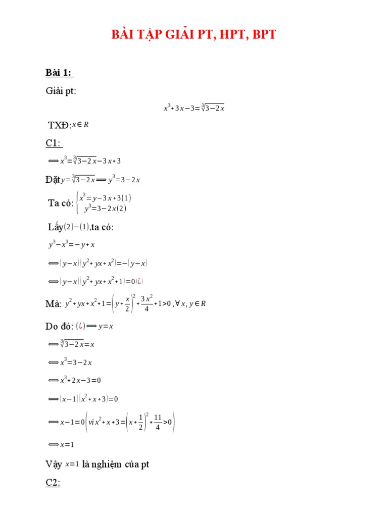 Bài Tập Giải Pt, Hpt, Bpt | PDF