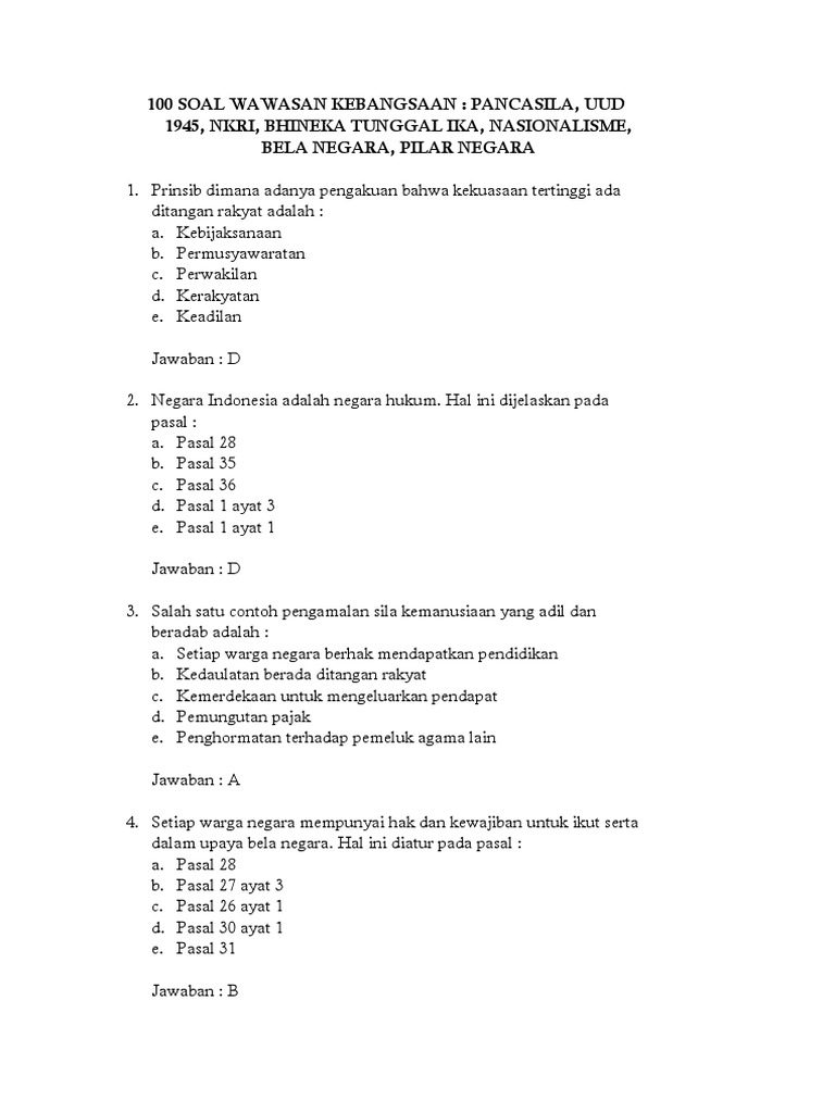 100 Soal Pancasila Uud Bhineka Nasionalisme Bela Negara | PDF