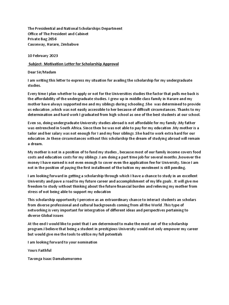 Tavonga Motivational Letter | PDF | University | International Student
