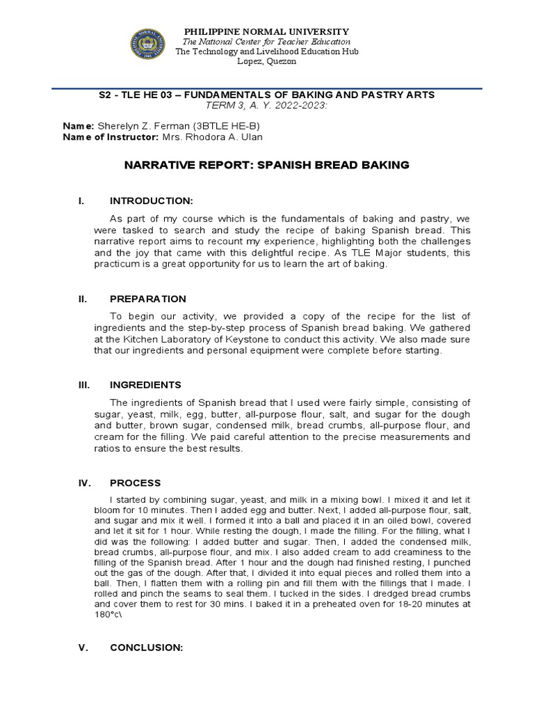 NARRATIVE REPORT _ SPANISH BREAD | PDF | Breads | Baking