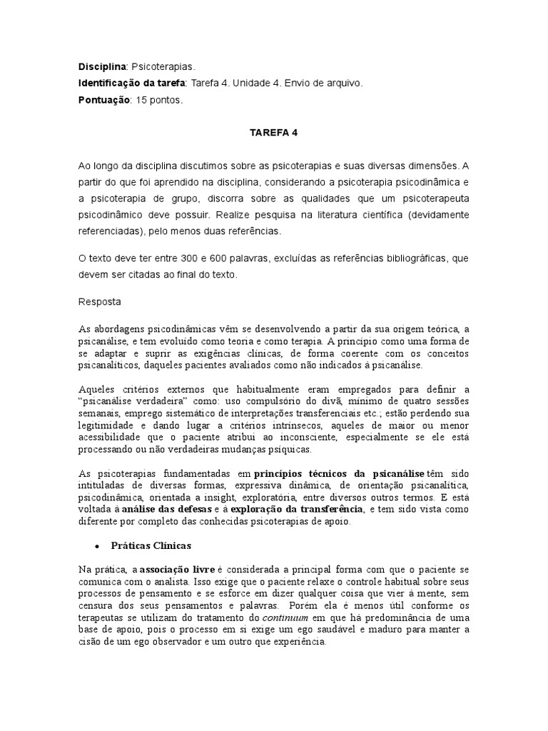 Tarefa 4 | PDF | Psicanálise | Psicoterapia