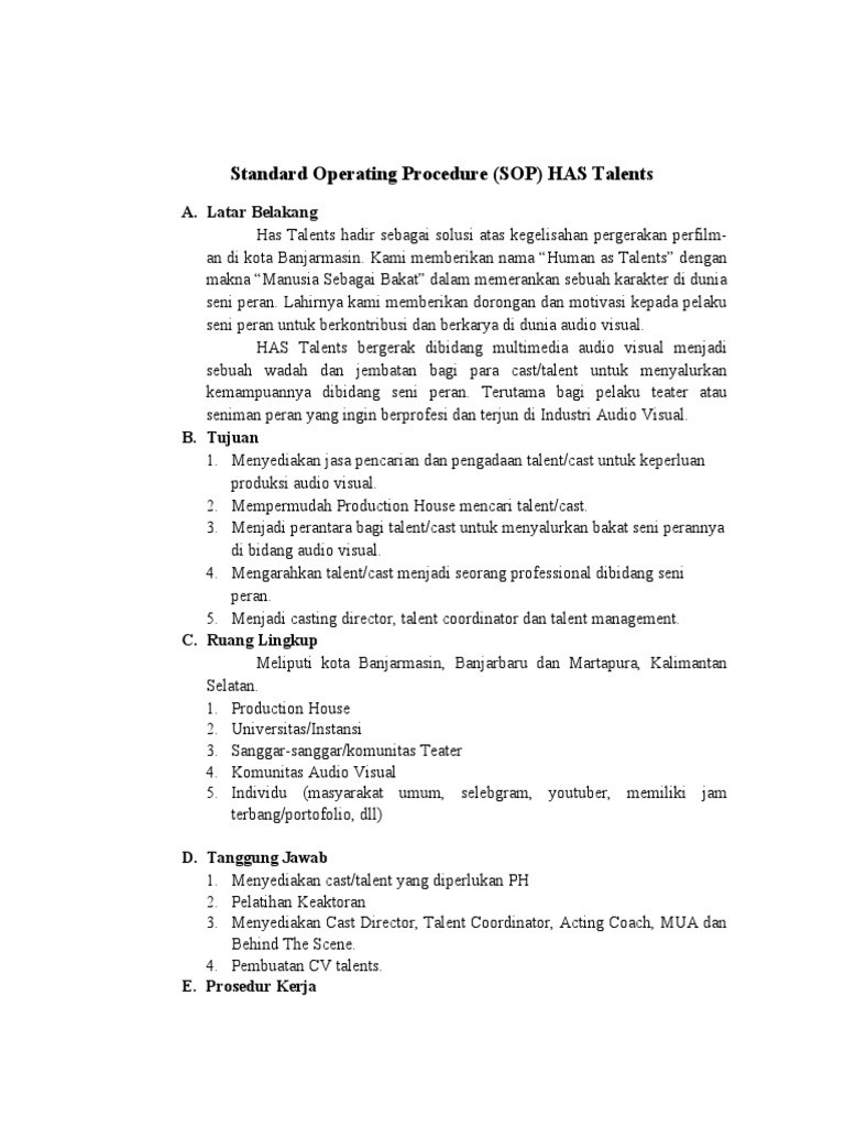SOP Koordinator Talent HAS Talents | PDF