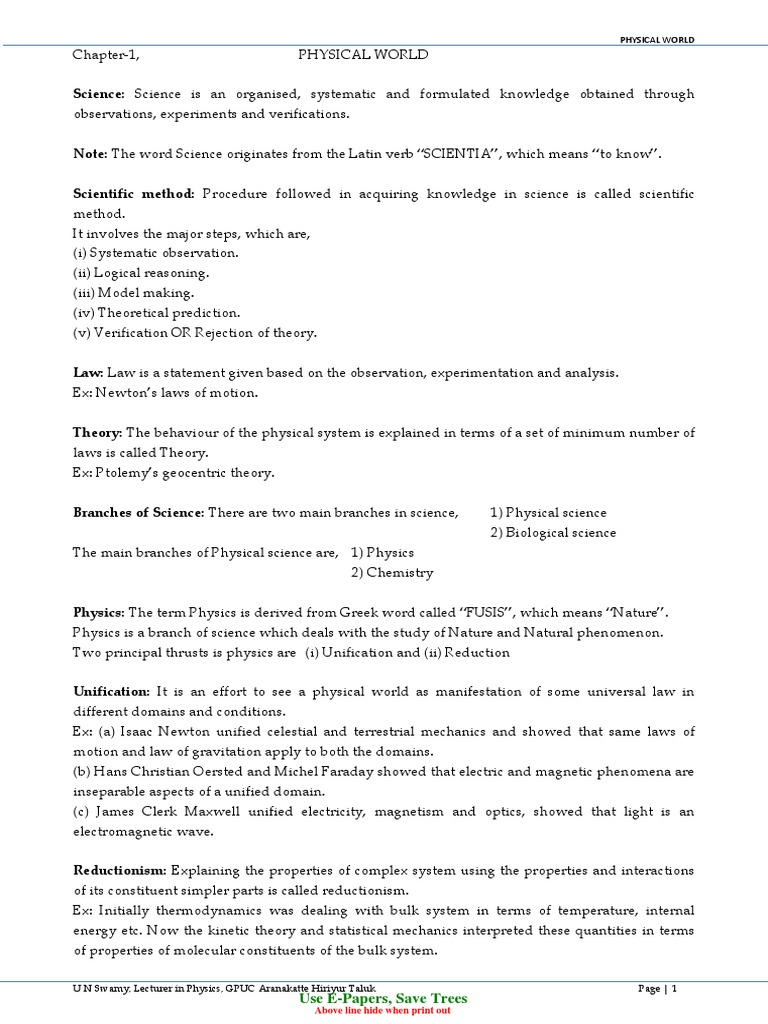 1st Puc Physics Chapter1-Physical World Notes by U N Swamy | PDF ...
