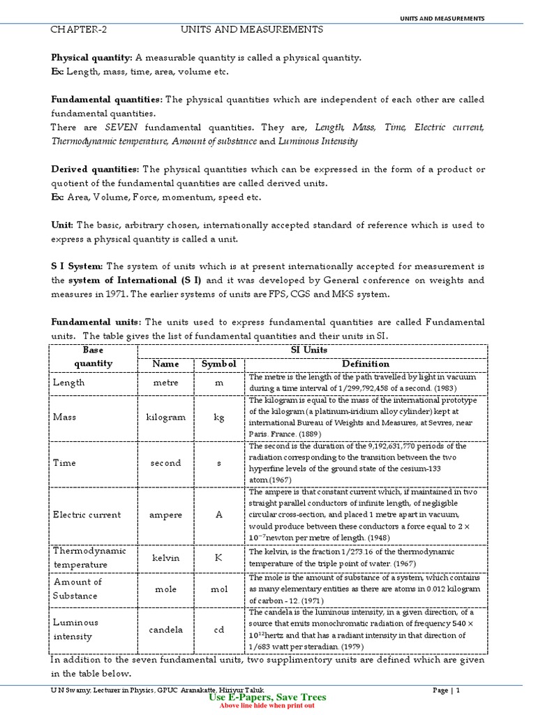 1st Puc Physics Chapter2-Units and Measurements Notes by U N Swamy ...