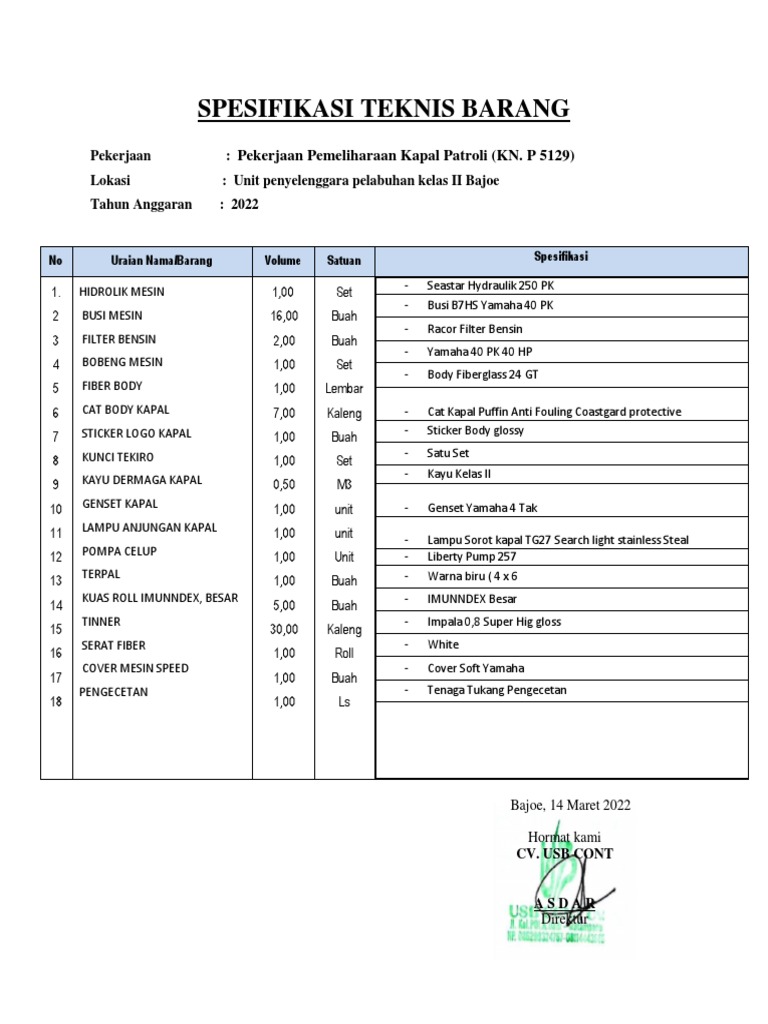 Spesifikasi Teknis Pemeliharaan Kapal Patroli (Kn.p5129) | PDF