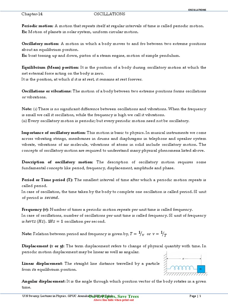 1st Puc Physics Chapter14-Oscillations Notes by U N Swamy | PDF ...