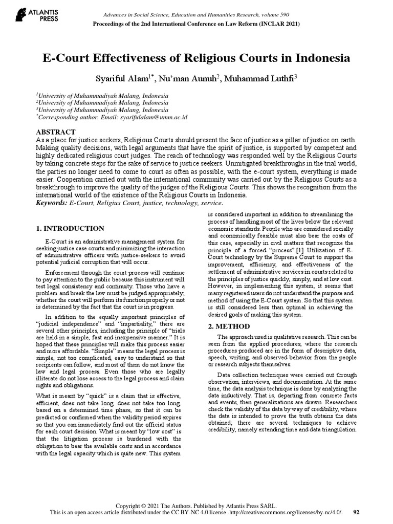 E-Court Effectiveness of Religious Courts in Indonesia: Syariful Alam ...