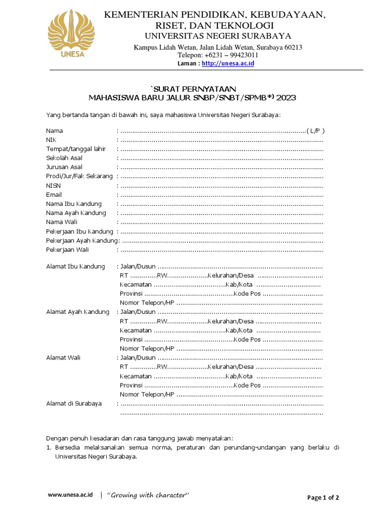 Surat Pernyataan Maba SNBP SNBT SPMB 2023 | PDF