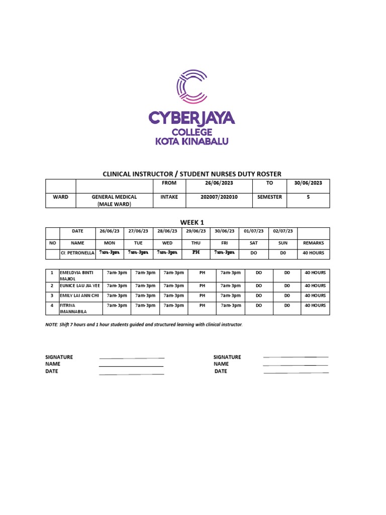 Student Nurses Duty Roster 2023 | PDF