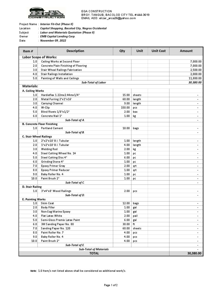 Labor and Materials Quotation for Fit-Out | PDF | Building Engineering ...