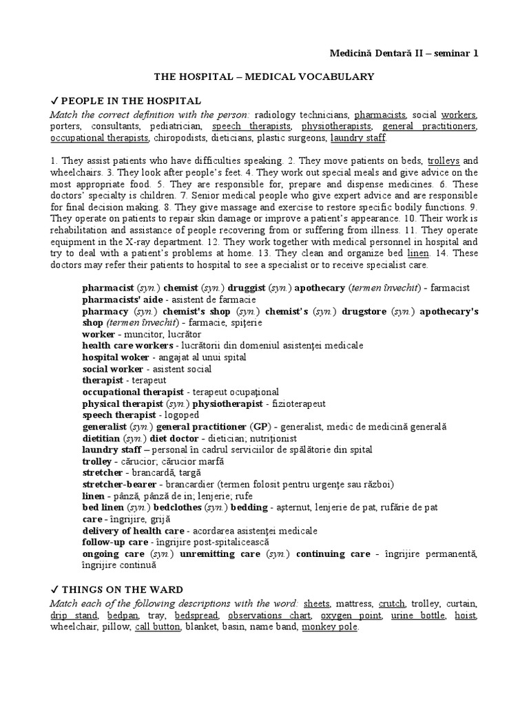 MD II S1-Basic Hospital Vocabulary | PDF | Pharmacy | Pharmacist