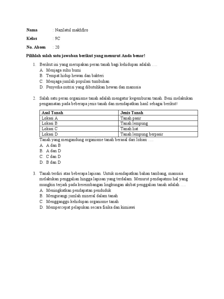 Kuis Peran dan Sifat Tanah Kelas 9C | PDF