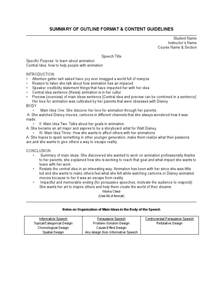 Summary of Outline Format & Content Guidelines: Notes On Organization ...