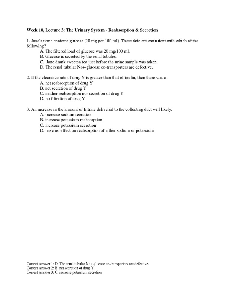 In-Video Quiz The Urinary System - Reabsorption & Secretion | PDF