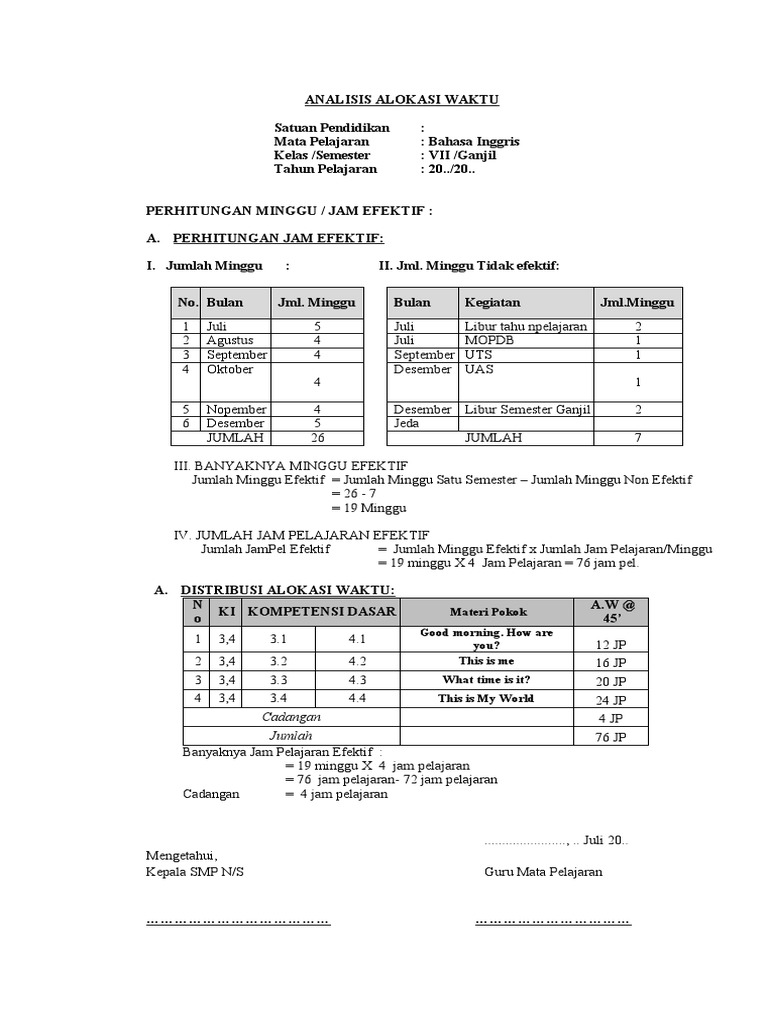 Analisis Alokasi Waktu BAHASA INGGRIS KELAS 7 SEM 1 & 2 | PDF