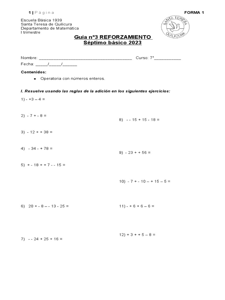 CST REFORZAMIENTO Matemática 7mo Guía N°3 - Operatoria Con Números ...