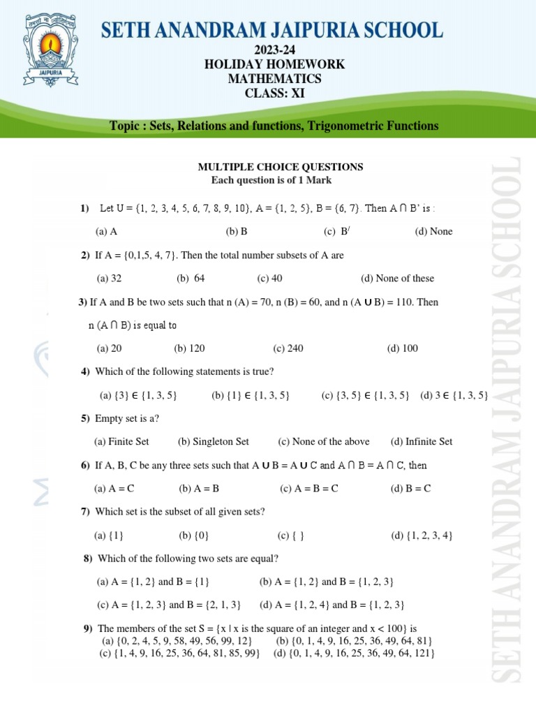 Sets, Relation and Funtions, Trigonometric Functions - HHW | PDF | Set (Mathematics ...