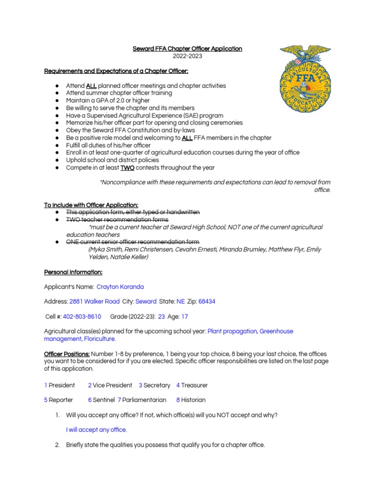 Seward FFA Chapter Officer Application | PDF | Agriculture