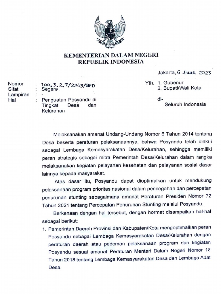 Surat Kemendagri Penguatan Posyandu | PDF