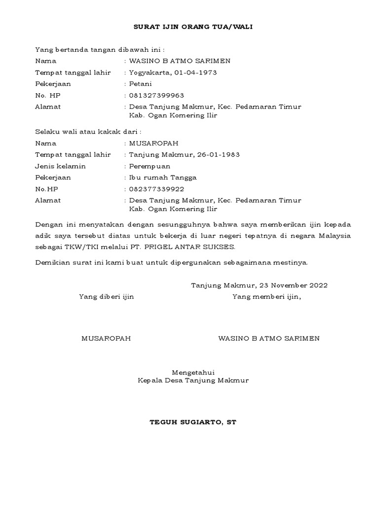 Surat Izin Orang Tua Bekerja di Luar Negeri | PDF