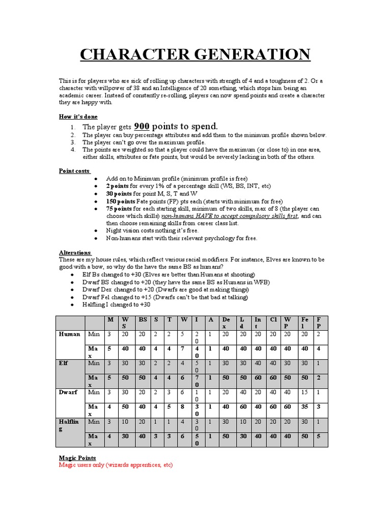 WFRP 1ed Character Generation | PDF | Dwarf (Dungeons & Dragons)
