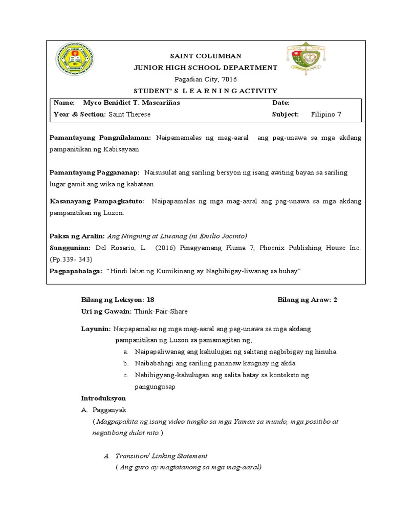 3i S No 18 STUDENTS LEARNING ACTIVITY | PDF