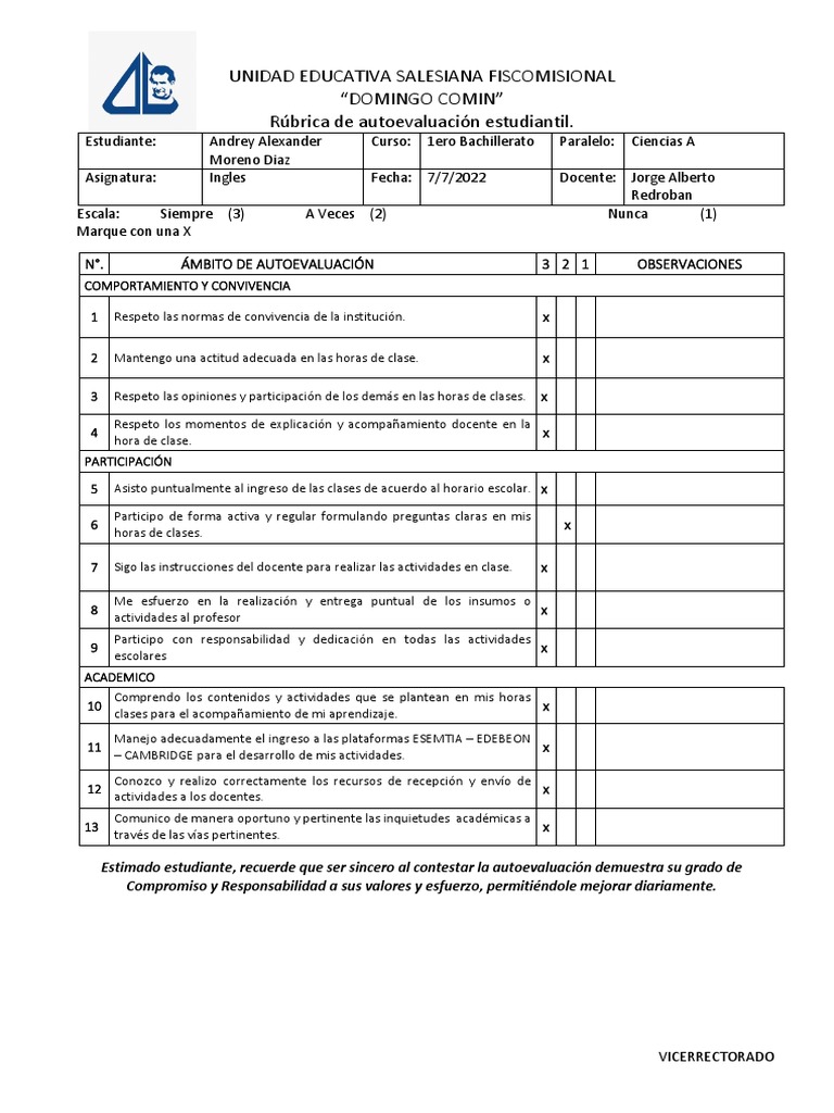 Rubrica de Autoevaluación de Ingles | PDF | Enseñando | Aprendizaje