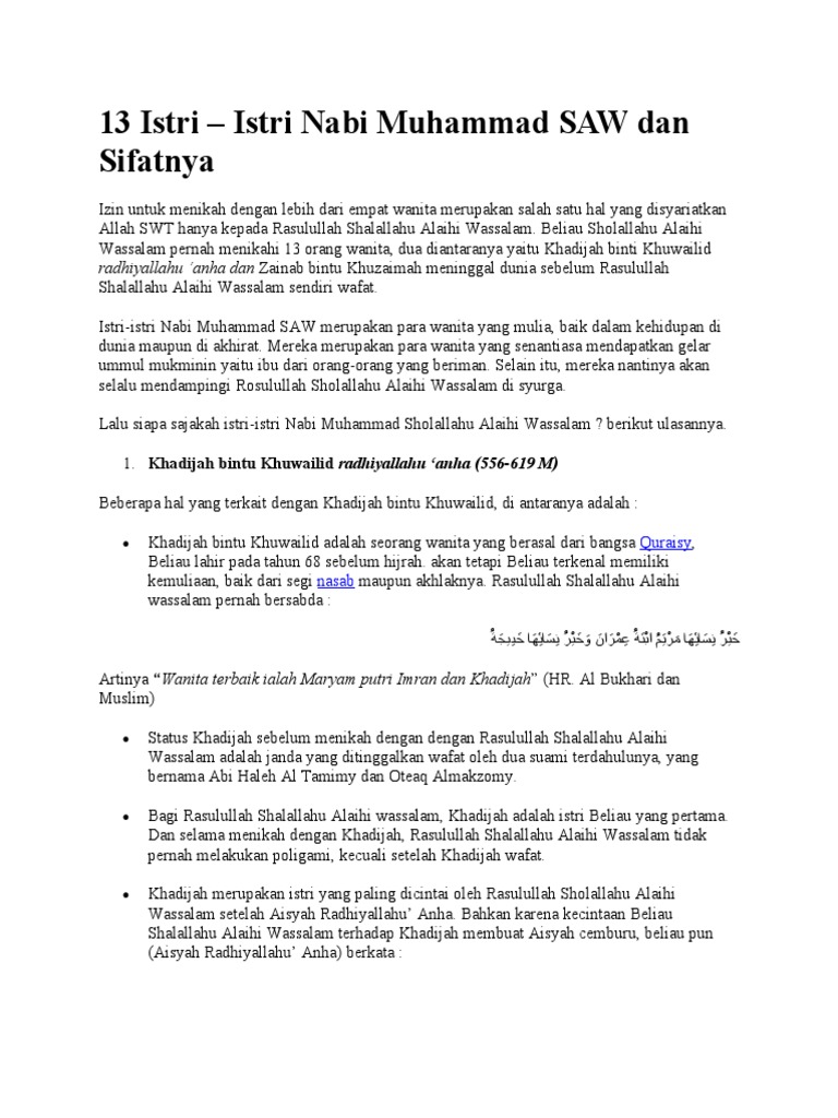 Istri-Istri Rasulullah Bersama Keistimewaannya | PDF