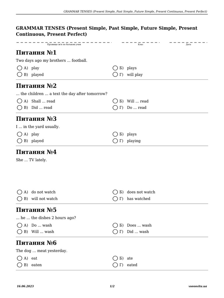 Grammar Tenses Present Simple Past Simple Future Simple Present Continuous Present Perfect ...