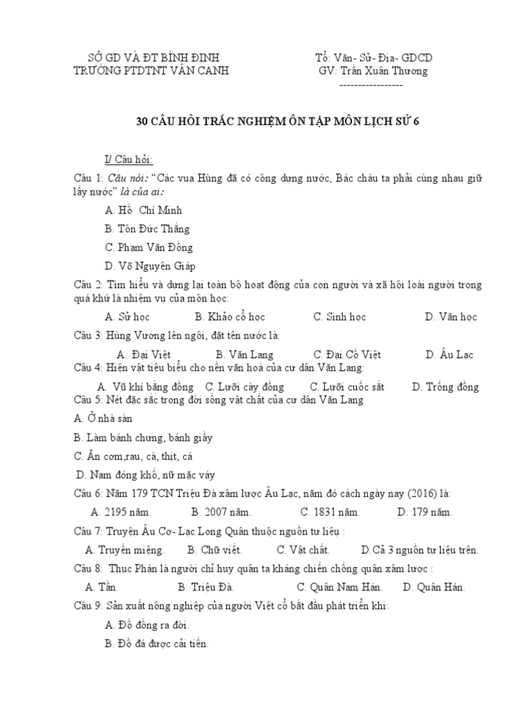 30 Cau Hoi Trac Nghiem On Tap Lich Su - Lop 6 | PDF