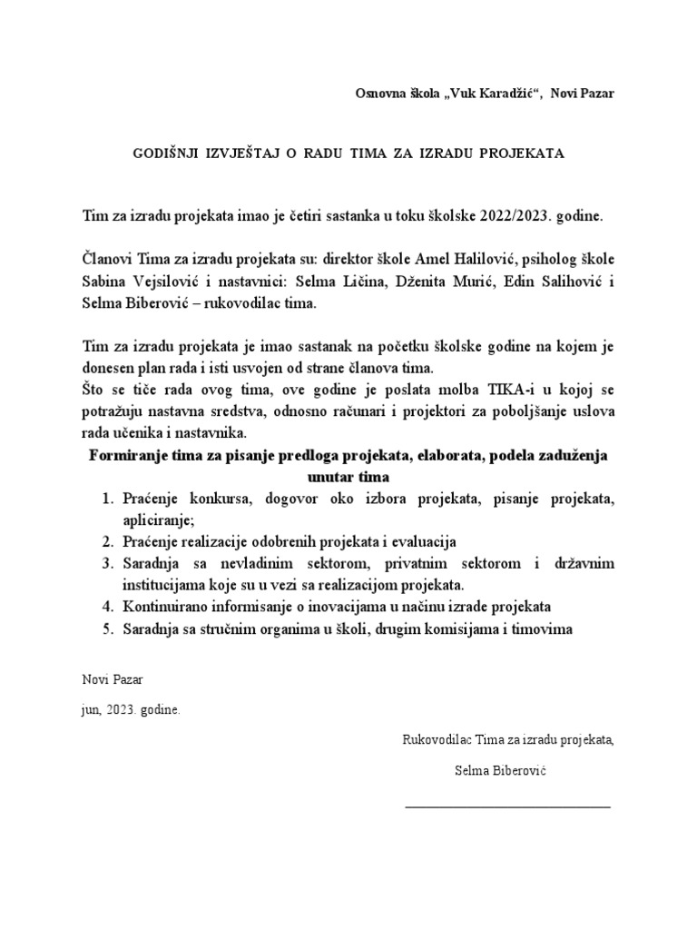 Izvestaj o radu Tima za projekte, 2022. | PDF